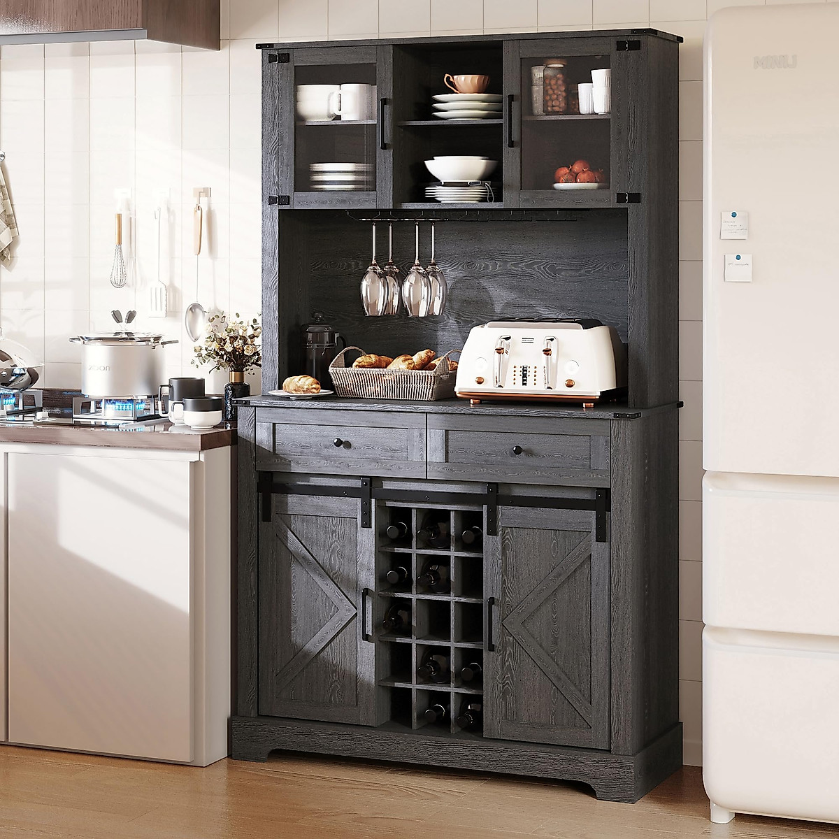 ARTPOWER Wine Bar Cabinet with Sliding Barn Door, 72" Hutch Cabinet with Wine&Glasses Rack, Tall Farmhouse Kitchen Pantry Buffet Cabinet with Drawers for Dining Room, Gray