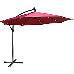 SUNLAX Solar Offset Umbrella, 10ft Cantilever Hanging Burgundy Umbrella with 32 LED Lights Market Deck Patio Umbrellas Cross Base Included
