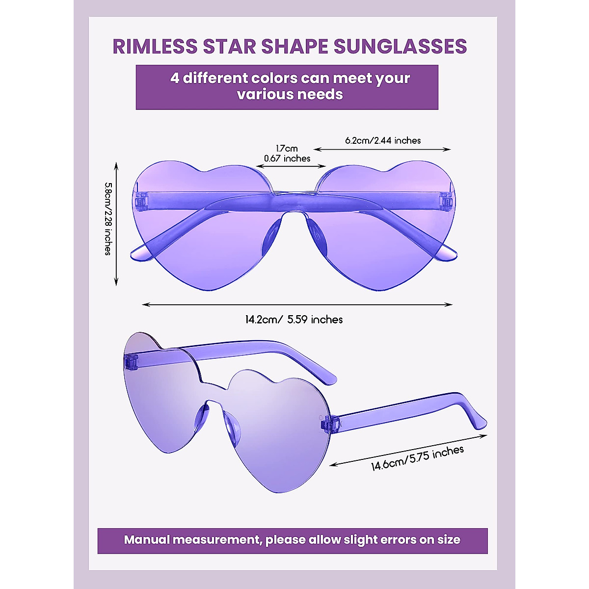 Weewooday 40 Pairs Heart Glasses Rimless Heart Shaped Frameless Sunglasses Transparent Sunglasses Tinted Eyewear(Purple)
