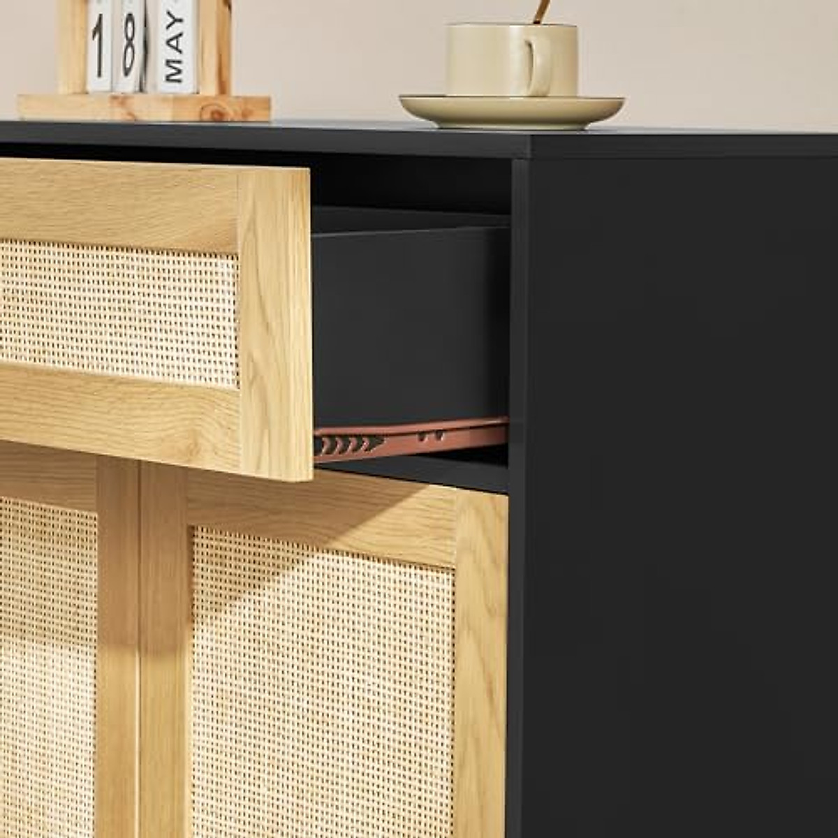 Quimoo Tall Storage Cabinet, Rattan Cabinet with Adjustable Shelf & Large Drawer, Boho Storage Cabinet, Accent Cabinet for Entryway, Living Room, Black
