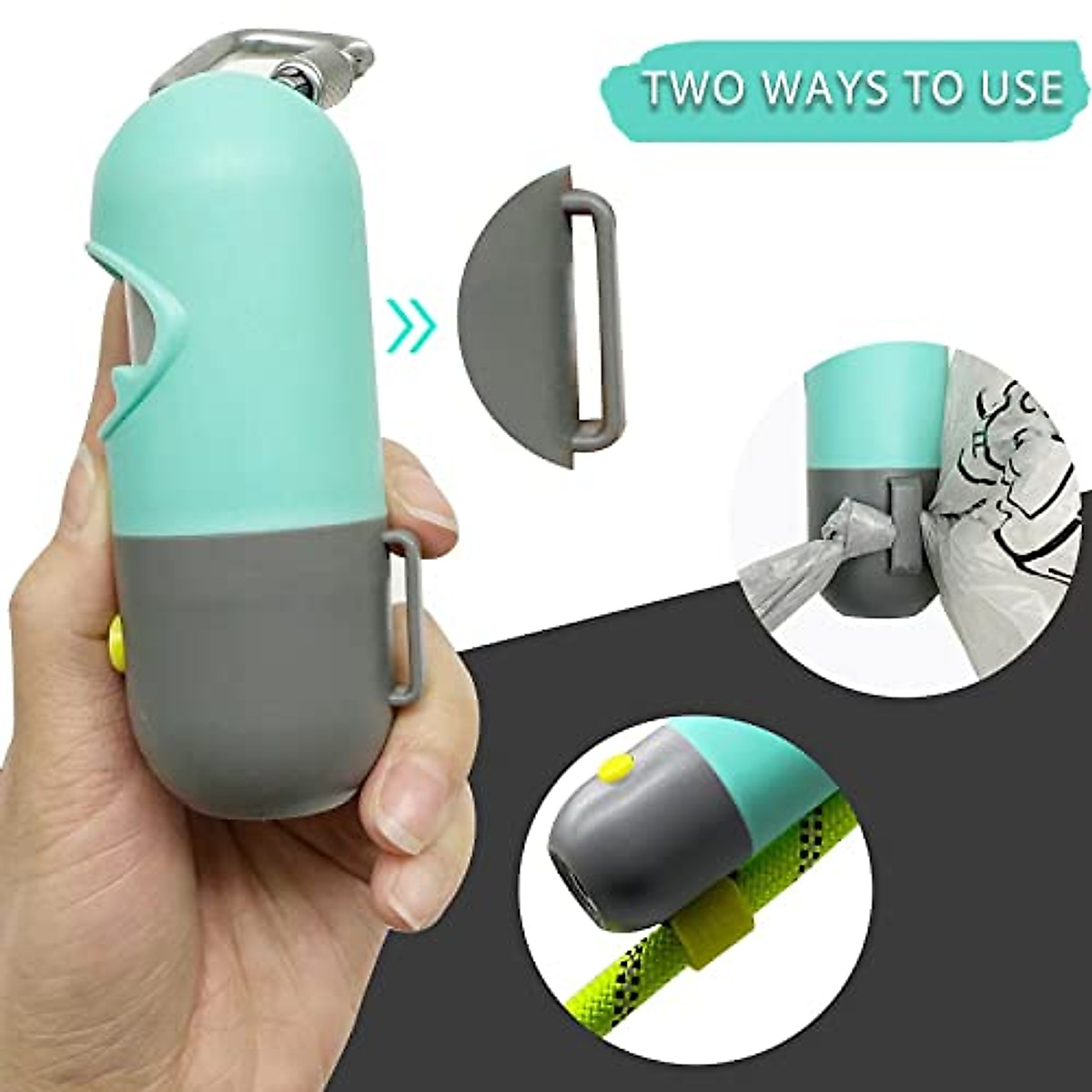 YUCHIYA Dog Poop Bag Dispenser with Flashlight|Dog Poop Bag Holder with Leash Clip|Hands-Free Leash Poop Bag Holder with Straps and 1 Roll Dog Waste Bags (Crystal Blue)