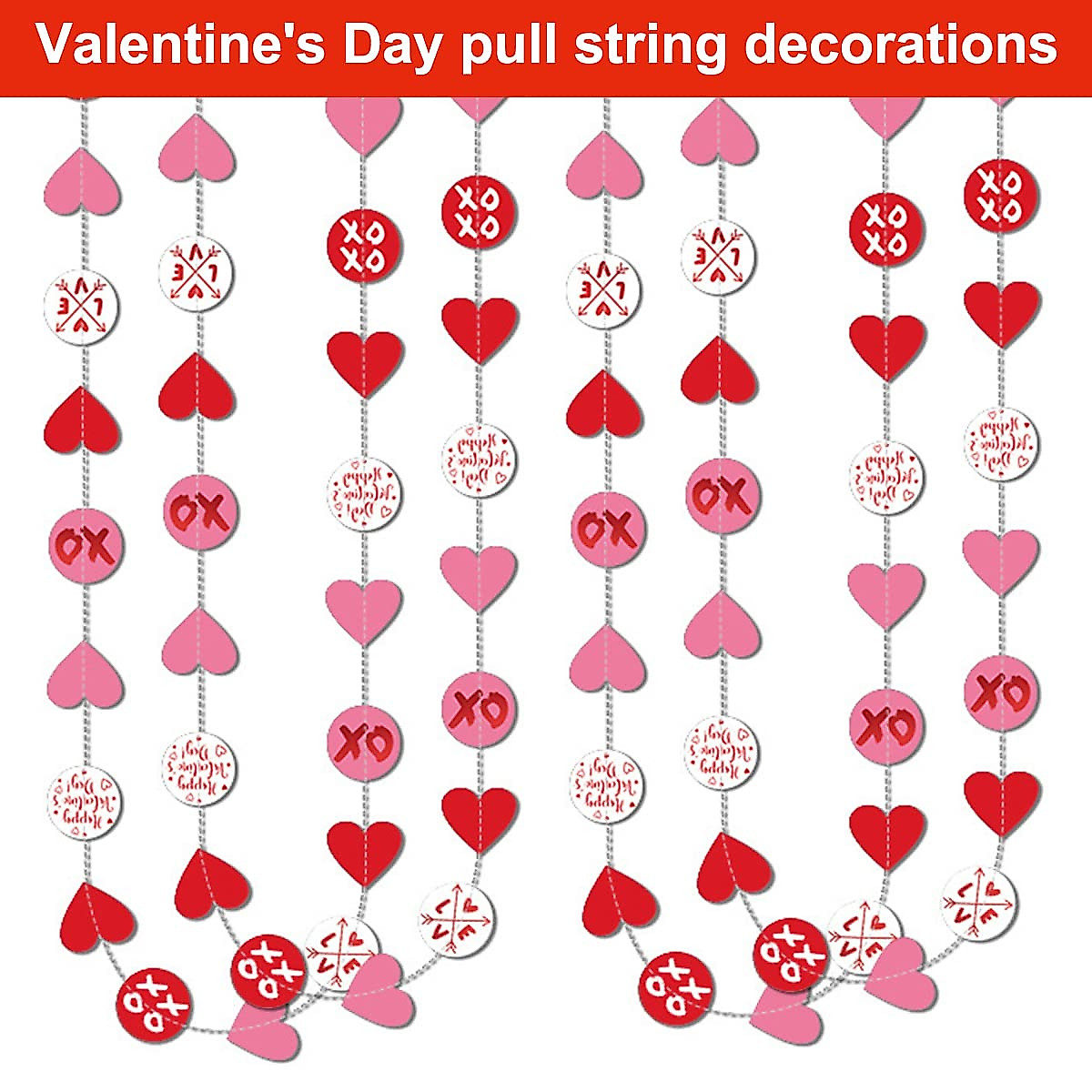 Valentines Day Decorations, 2Pcs Red and Pink Heart Banner 6M/19.6Ft Heart Bunting and Circle Dots Garland Paper Heart Bunting Banner with Love and XO for Valentines Anniversary Wedding Birthday