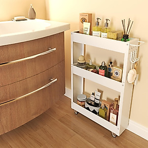 XYZLVSI Slim Storage Cart, 5 in Width, 3-Tier White Rolling Cart with Handle for Kitchen Bathroom Laundry Narrow Places