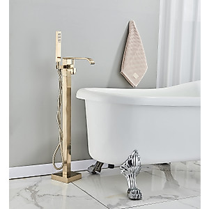 Freestanding Bathtub Faucet Brushed Gold Floor Mount Waterfall Tub Filler High Flow with Hand Shower Solid Brass 360 Degree Swivel Standing Mixer Taps for Bathroom