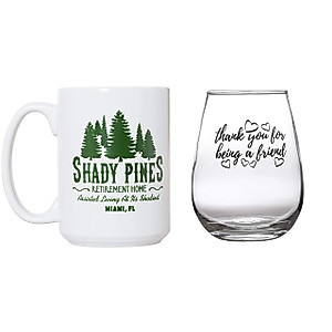 Artisan Owl White Shady Pines Retirement Home 15oz Coffee Mug and Thank You For Being A Friend 17oz Stemless Wine Glass Bundle