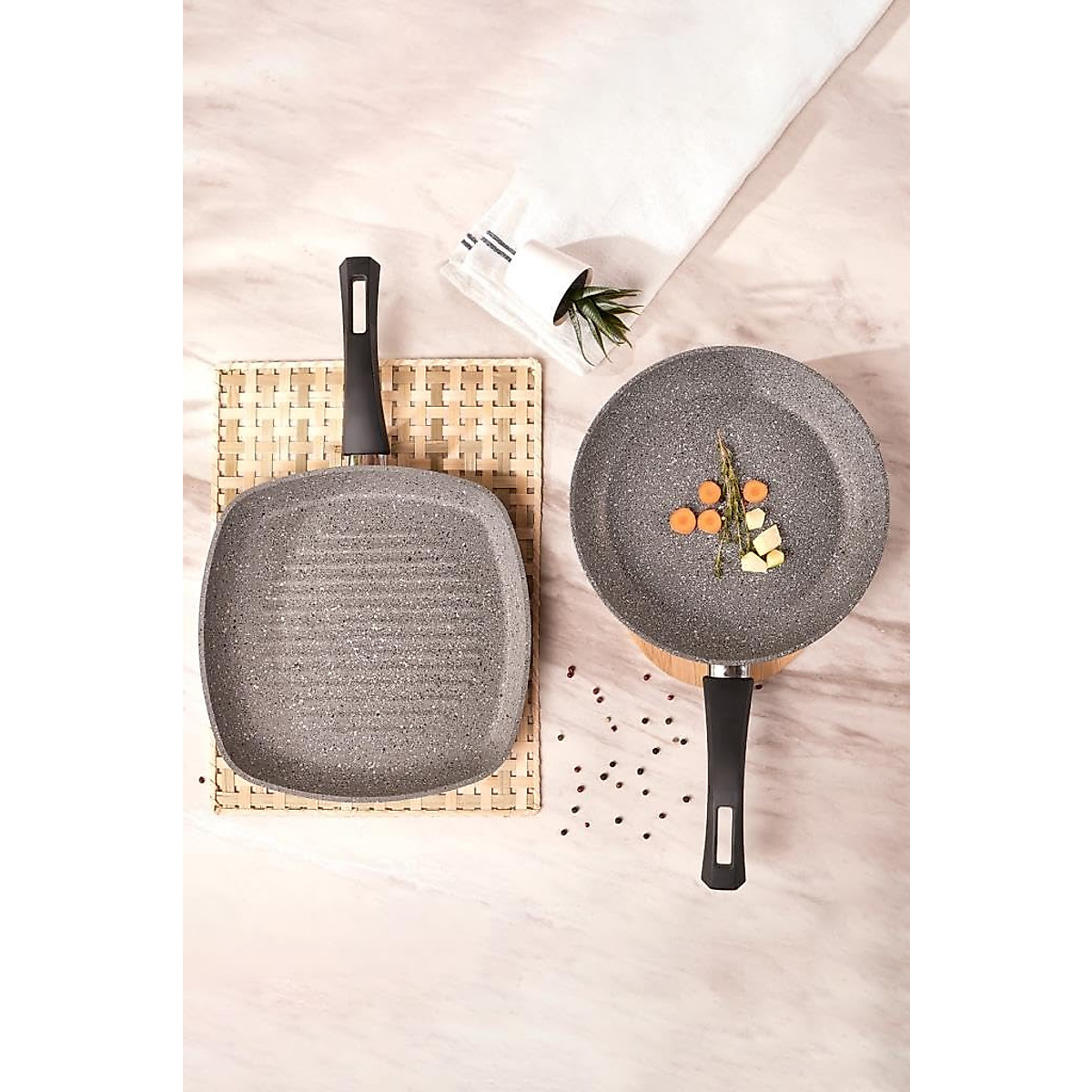 KARACA Gris Biogranite Grill Pan and Pan Set, 2 Pieces, 1 X Frying Pan 26 cm, 1 X Grill Pan 28 cm, Frying Pans, Crepe Pan Granite, Healthy Non-Stick Coating, 7X More Resisstant Against Scratches
