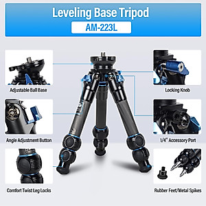 SIRUI AM223L Travel Video Tripod with Leveling Base, Mini Carbon Fiber Desktop Tripod for DSLR Camera Video Camcorder, Max Load 33lbs, Max Height 14.2"
