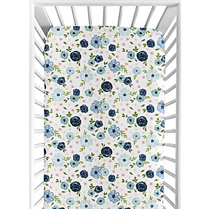 Sweet Jojo Designs Floral Girl Jersey Stretch Knit Baby Fitted Crib Sheet for Soft Toddler Bed Nursery - Navy Blue and Blush Pink Boho Shabby Chic Rose Watercolor Flower