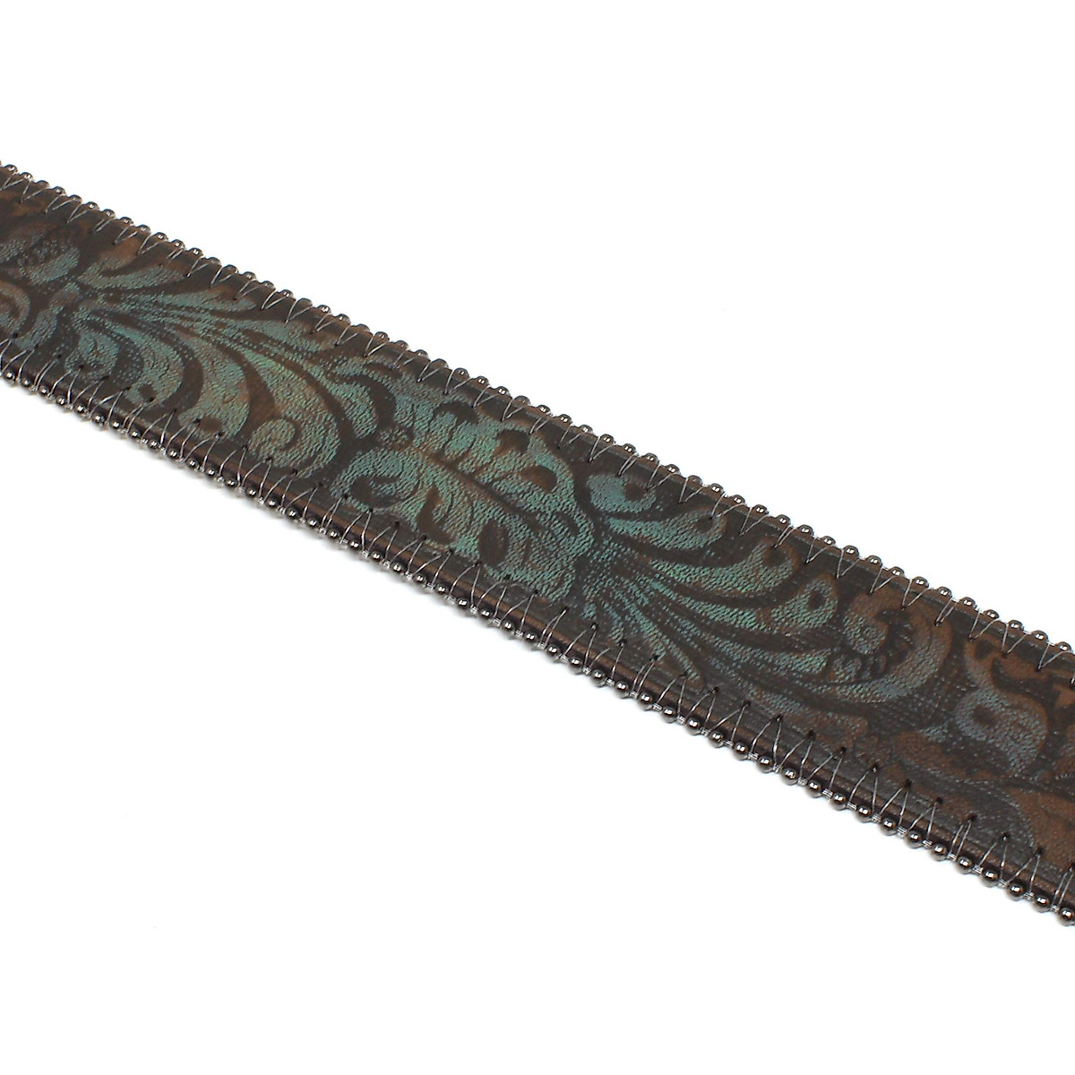 Western Scroll Buckle with Turquoise Tinted Embossed Brown Leather Belt (XL)