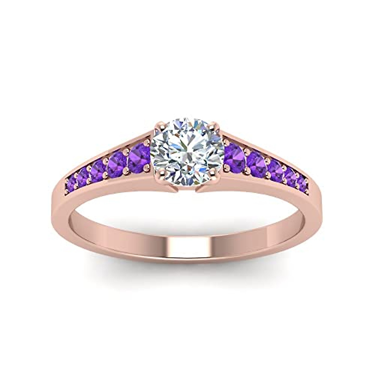 Gemsonclick Graduated Diamond Ring rose gold plated Natural Amethyst Round shape purple color Side Stone Engagement Rings prong Setting in Size 9 Party Wear Daily Wear Ornament