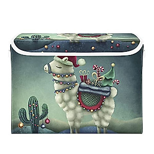 innewgogo Cute Llama in Santa Hat Storage Bins with Lids for Organizing Large Collapsible Storage Bins with Handles Oxford Cloth Storage Cube Box for Toys
