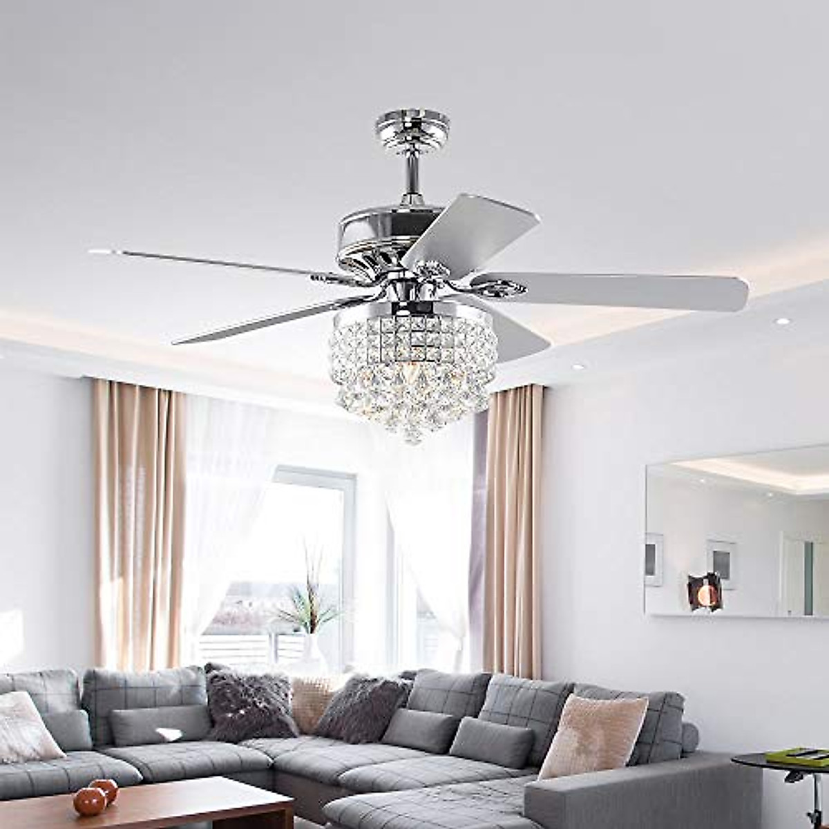 Tropwellhouse LuxureFan 52" Crystal LED Chrome Ceiling Fan Light Fixture Gorgeous Crystal 5 Reverse Wood Blades Modern Chandelier with Remote Control Decoration Home/Living Room