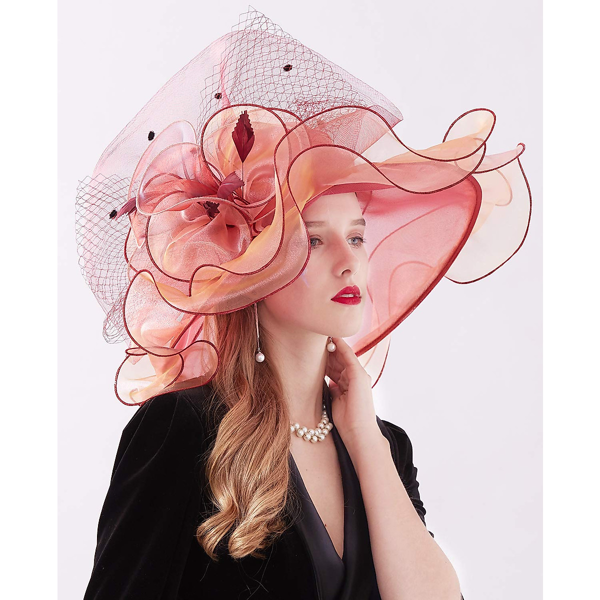 Z&X Women's Organza Church Fascinator Hair Clip Bridal Wedding Tea Party Hat Wide Brim Anti-UV Sun Hat Coral Red