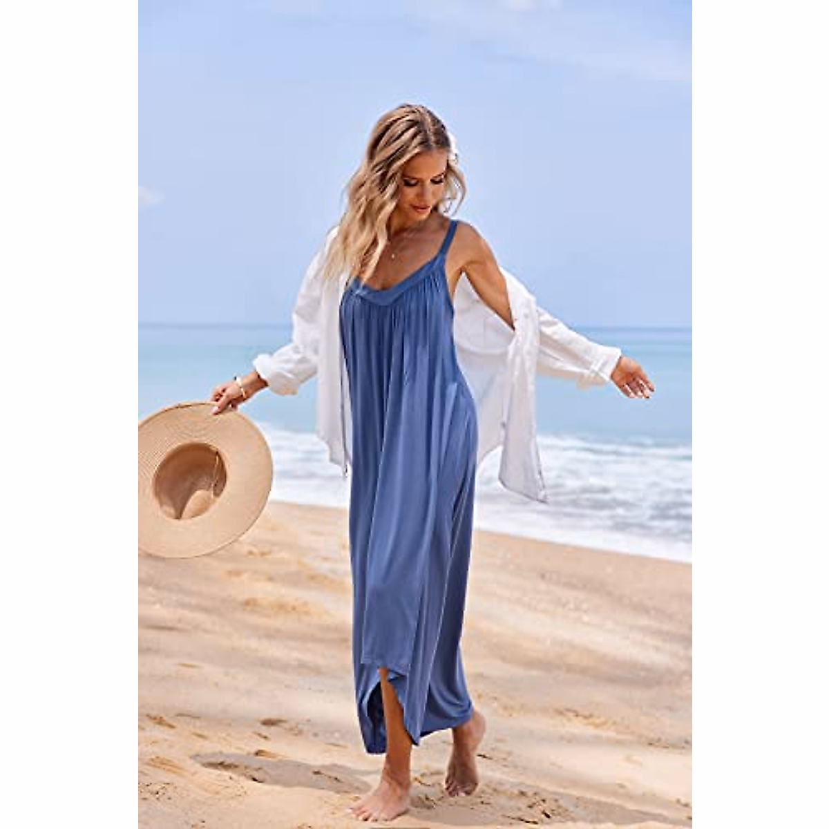 Ekouaer Womens Nightgown Sleeveless Long Nightshirt Full Slip Sleepwear Night Dress Plus Size Sleepshirt Chemise,Blue,3XL