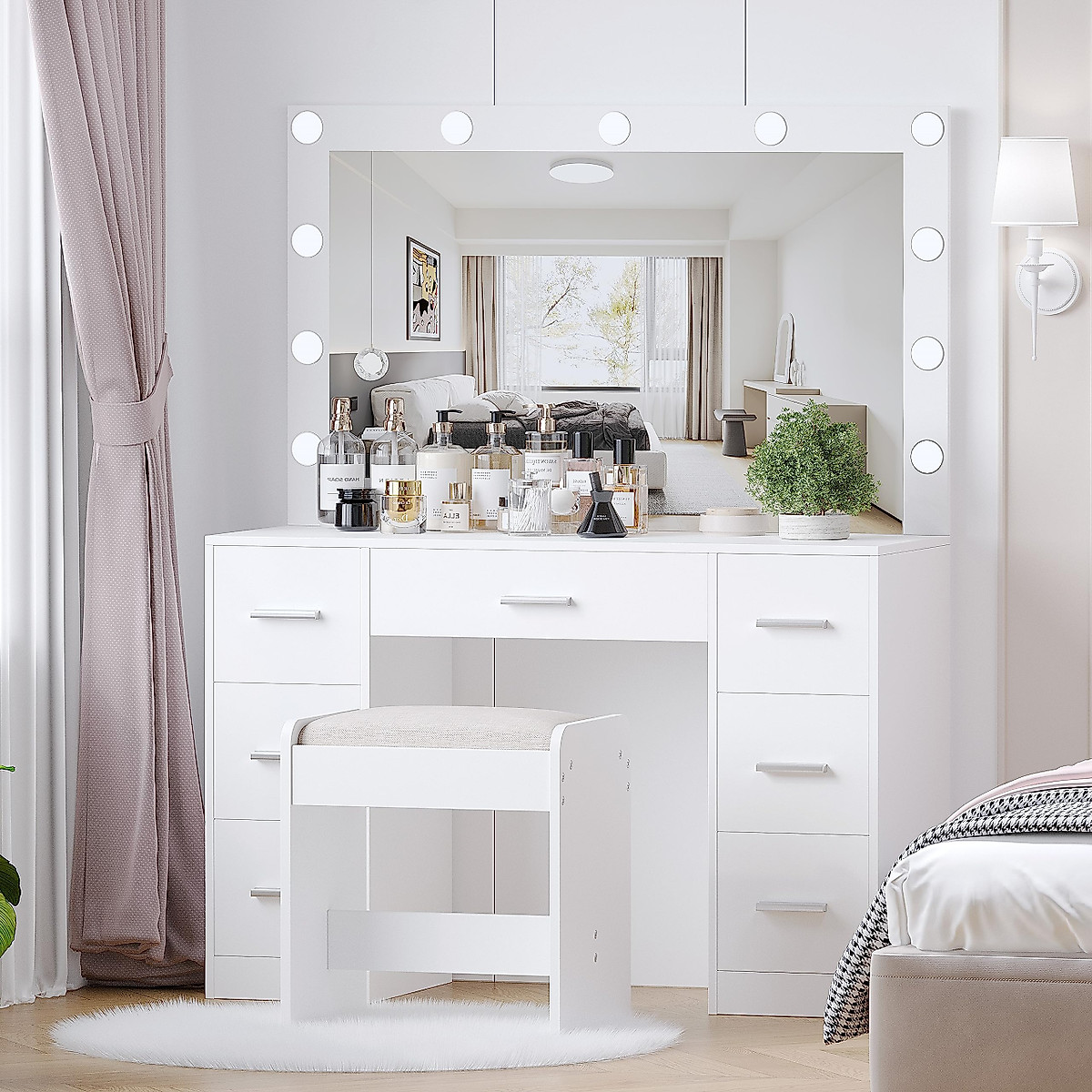 Irontar Vanity Desk with Stool, Makeup Table with Lighted Mirror, 3 Color Lighting Modes, Brightness Adjustable, Dressing Table with Drawers, Vanity Table Set for Women, White WDT004WD