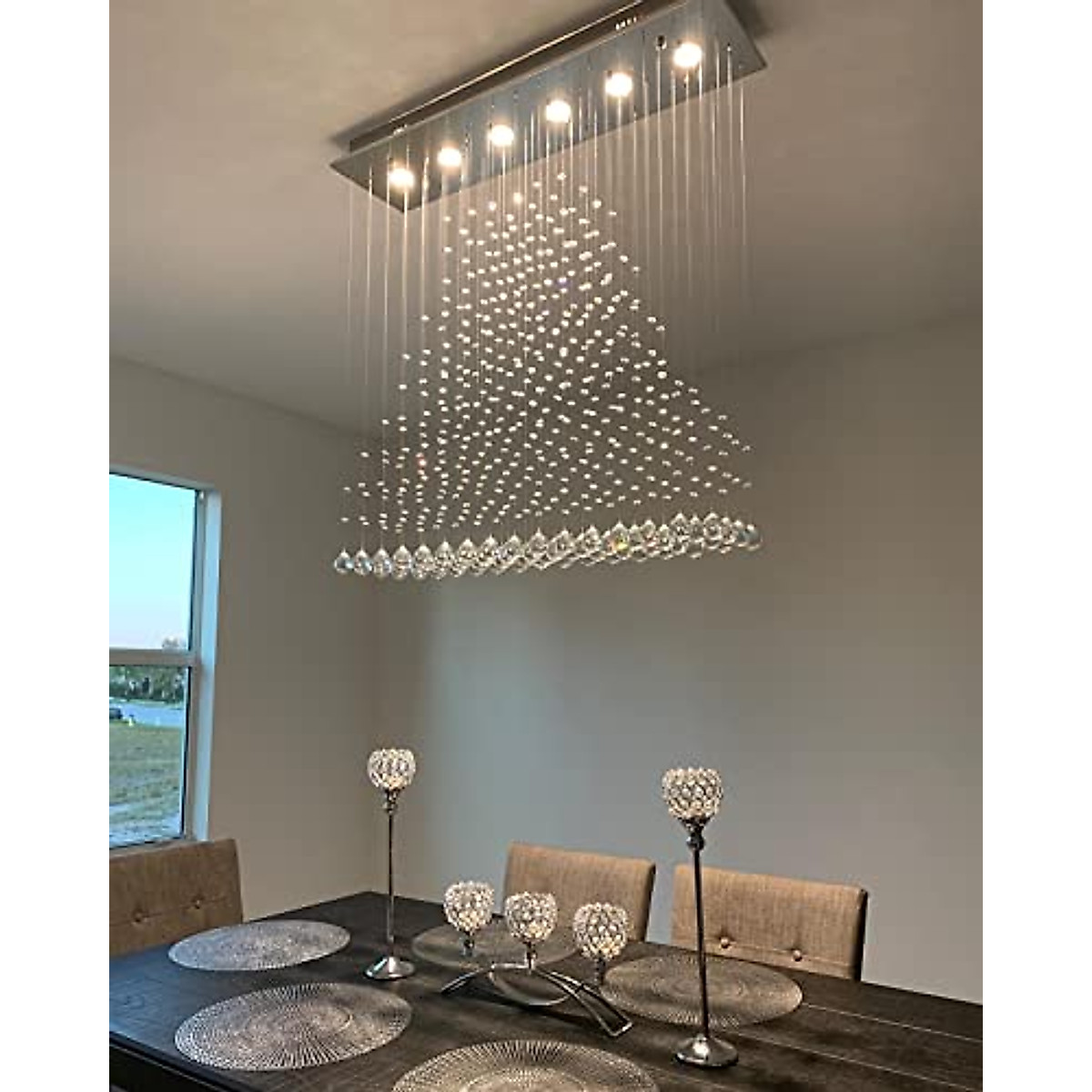 7PM Rectangle Chandeliers for Dining Room, 6-Light Modern K9 Crystal Chandeliers, Raindrop Chandeliers, Dimmable, Adjustable Color Temperature, Pendant Lights for Kitchen Island, L40 x W10 x H40