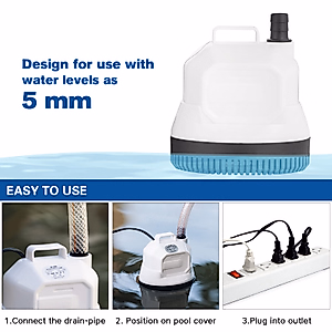 XJX Pool Cover Pump Above Ground, 850 GPH Submersible Water Pump with 16 Ft Drainage Hose Sump Pump Submersible with 30 Ft Power Cord, 4 Adapter