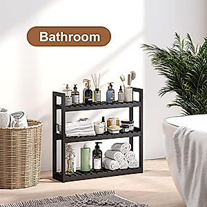FILWH Bathroom Shelf Bamboo Organizer Rack Adjustable 3-Tier Storage Shelf Wall Mounted Storage Rack Over The Toilet Utility Shelves Living Room Kitchen Shelf(Black)