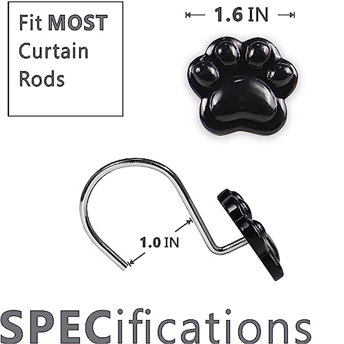 Black Decorative Shower Curtain Hooks: Cute Lovely Funny Cat Dog Bear Animal Paw Print Shower Curtain Rings Hooks & Hangers for Kids Children Bathroom Décor - Set of 12