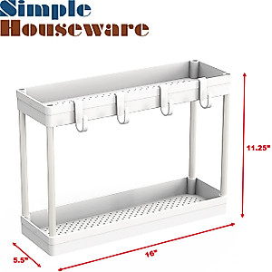 SimpleHouseware 2-Tier Under Sink Organizer Storage Tray with Hooks, White