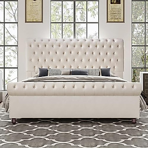 Jocisland Queen Size Bed Frame, Velvet Upholstered Platform Sleigh Bed with Scroll Headboard & Footboard, Button Tufted, No Box Spring Needed, Beige