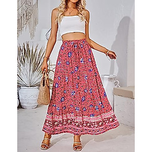 ZESICA Women's 2025 Summer Bohemian Floral Printed Elastic Waist A Line Maxi Skirt with Pockets,Floral Red,Small