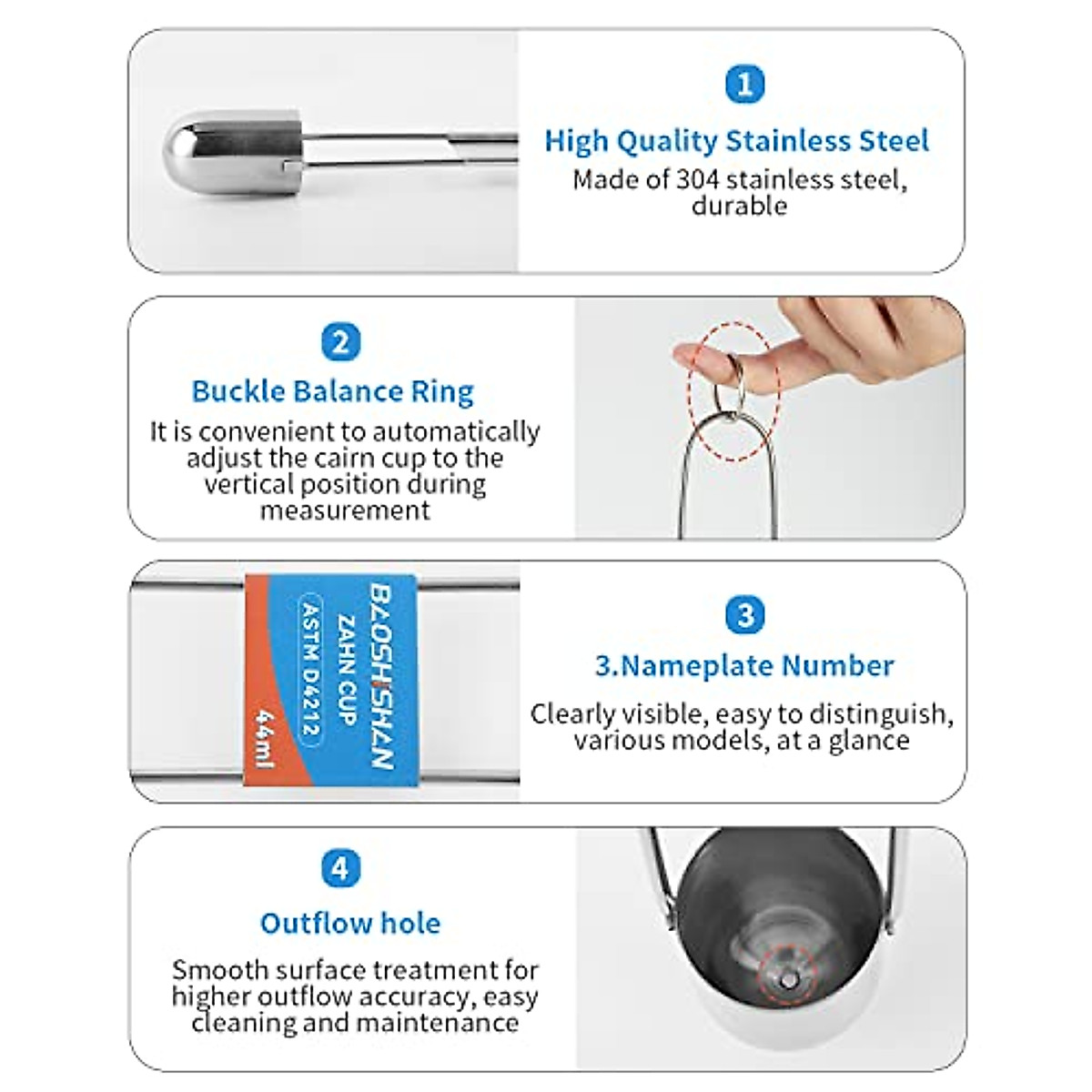 BAOSHISHAN Zahn Cup Viscosity Cup Kit #1 to #5 Dip Type 44ml Stainless Steel Viscometer Flow Cup with Bracket and Brush