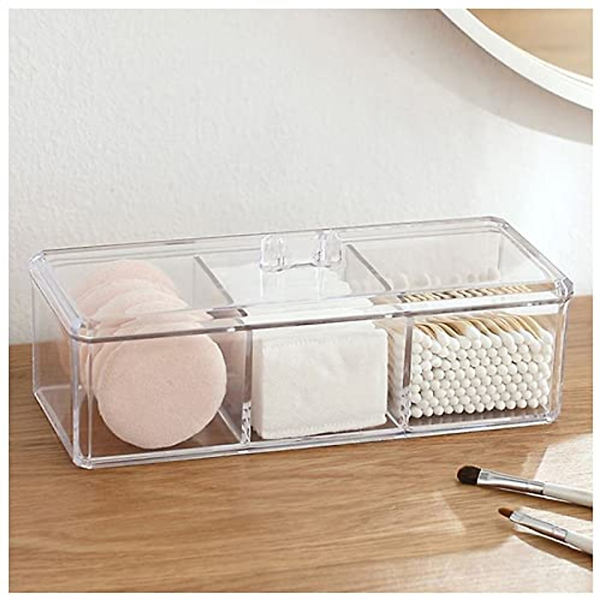 Square Qtip Holder Dispenser, 3 Compartments Cotton Ball Holder, Bathroom Canisters for Cotton Swab, Ball, Cotton Pad Organizer, Clear Acrylic Containers with Lid for Bathroom Vanity Countertop