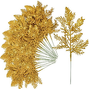 TORINALITAL 22PCS Christmas Tree Picks Sprays, Gold Glitter Artificial Pine Needles Faux Christmas Floral Picks Branches for Christmas Tree Wreath Wedding Bouquet Winter Seasonal Holiday Decoration