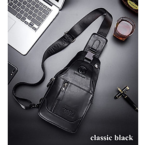 BULLCAPTAIN Genuine Leather Men's Sling Shoulder Backpack Multi-pocket Crossbody Chest Bags Travel Hiking Daypack with Earphone Hole (Black)