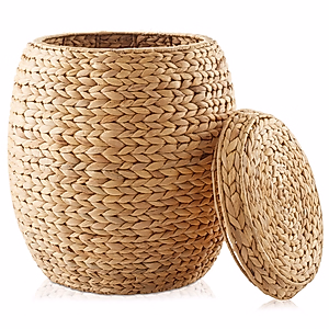 Casafield Round Storage Basket with Lid - Natural, Handwoven Water Hyacinth Organizer for Laundry, Blankets, Plants, Bedroom, Living Room, Home Office