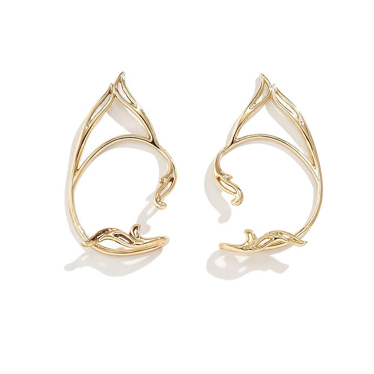 Asphinien Gothic Elves Ear Cuffs 2pcs Non-Pierced Cat Ear Wrap Hollow Cartilage Climber Earrings Punk Hip Hop Clip on Statement Earrings Gift for Women (Gold)