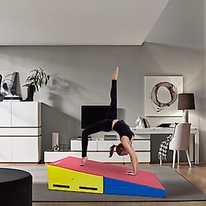 Matladin Folding Gymnastics Cheese Wedge Incline Mat, Gym Fitness Tumbling Skill Shape Mat for Kids Girls Home Training Exercise (55"x28"x14", Red+Yellow+Blue)