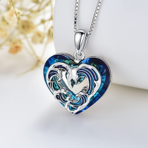 Shusukue Wave Necklace 925 Sterling Silver Heart Blue Crystal Necklace Surfer Beach Jewelry Gifts Ocean Summer Jewelry Gifts for Women