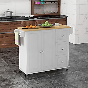 HOMCOM Kitchen Island with Drop Leaf, Rolling Kitchen Cart on Wheels with 3 Drawers, Cabinet, Natural Wood Top, Spice Rack and Towel Rack, White