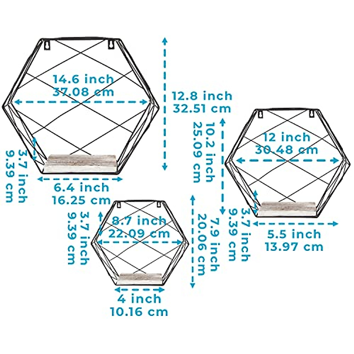 Comfify Industrial Wall Mounted Honeycomb Floating Shelves Set of 3 Decorative Hexagon Metal Wire Shelves – Large, Medium and Small - Modern Shelves for Home, Office and More - Rustic White