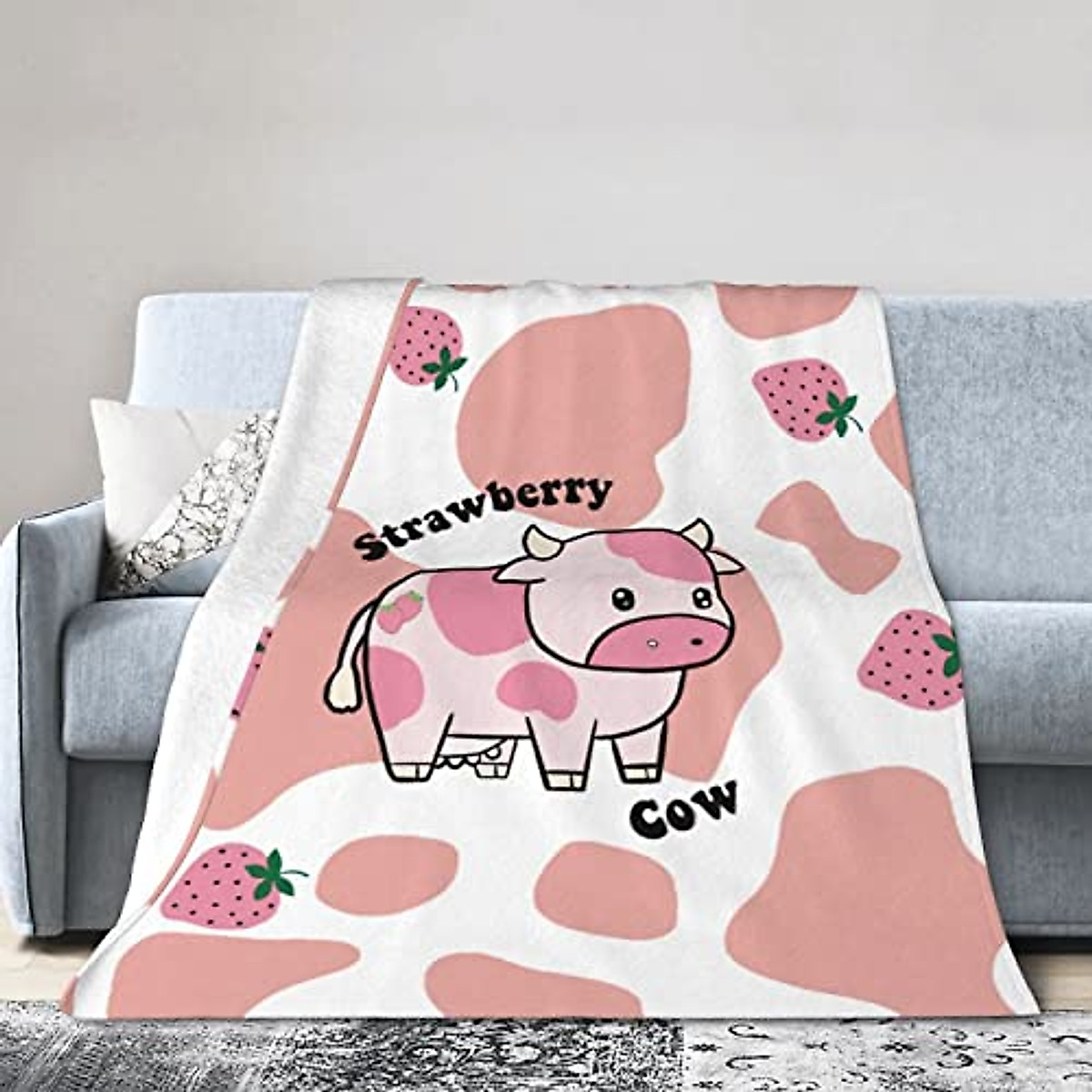 Strawberry Cow Print Blanket Colorful Ultra-Soft Fuzzy Lightweight Flannel Pink Throw Blanket for Couch Bed Sofa All Season Warm Cozy Camping Picnic Suit for Kids Adults 50''x40''
