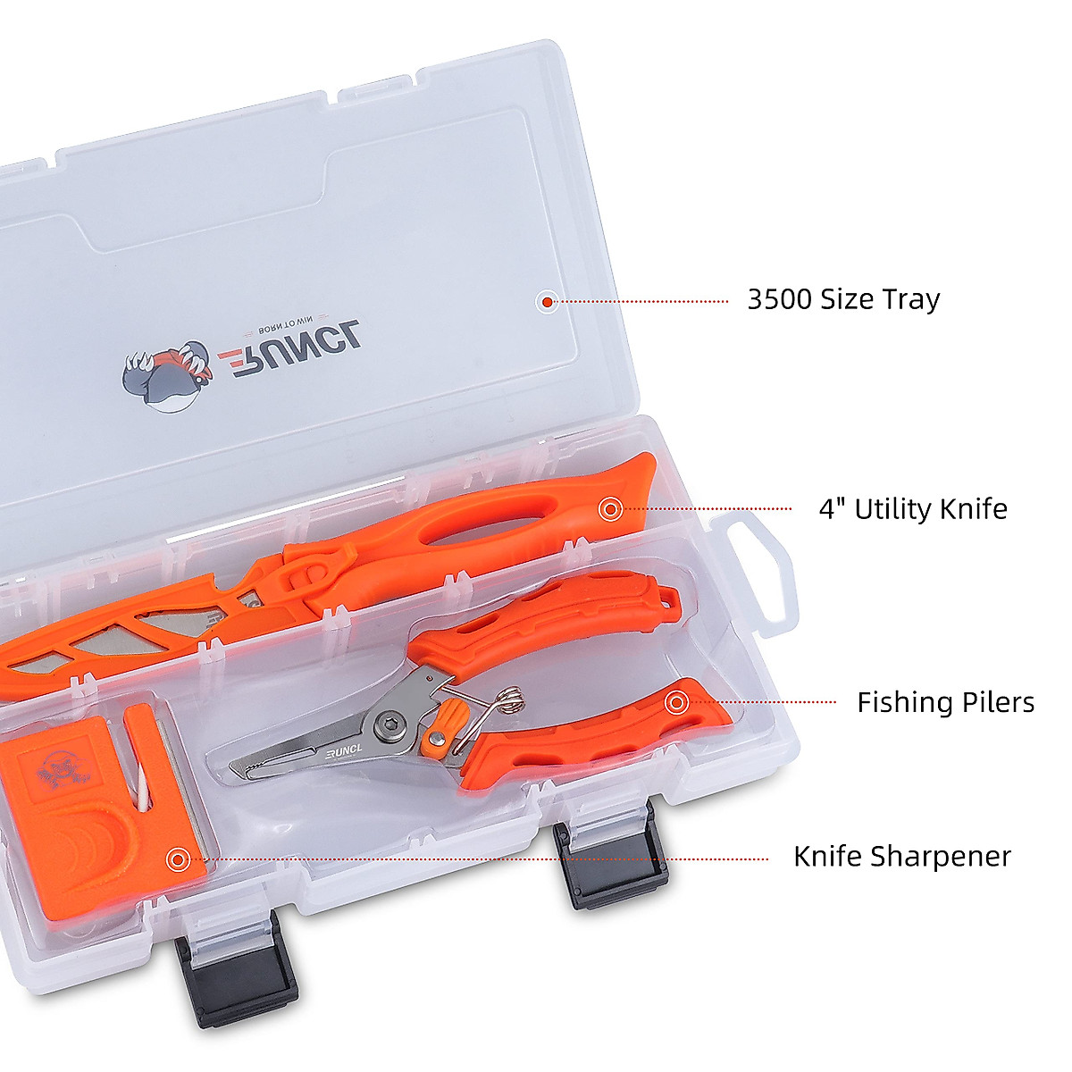 RUNCL Fishing Fillet Knife Combo Set, Bait Knife Fishing Tools Kit With 4" Fillet Knife, Sharpener, Fishing Pliers and 3500 Tackle Box