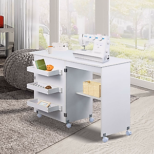Usinso Folding Sewing Table Multifunctional Sewing Machine Cart Table Sewing Craft Cabinet with Storage Shelves Portable Rolling Sewing Desk Computer Desk with Lockable Casters(White)