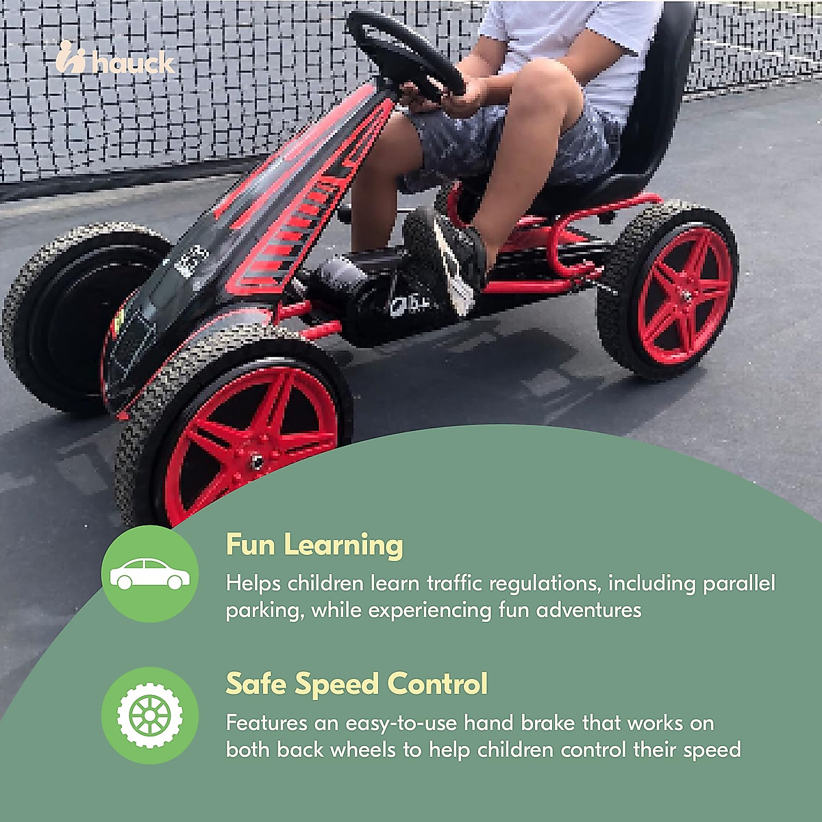 Hauck Hurricane Racing Go Kart w/ Low Profile Rubber Tires & Handbrake for Rear Wheels - Ride On Toy designed for Kids Ages 4-10 years