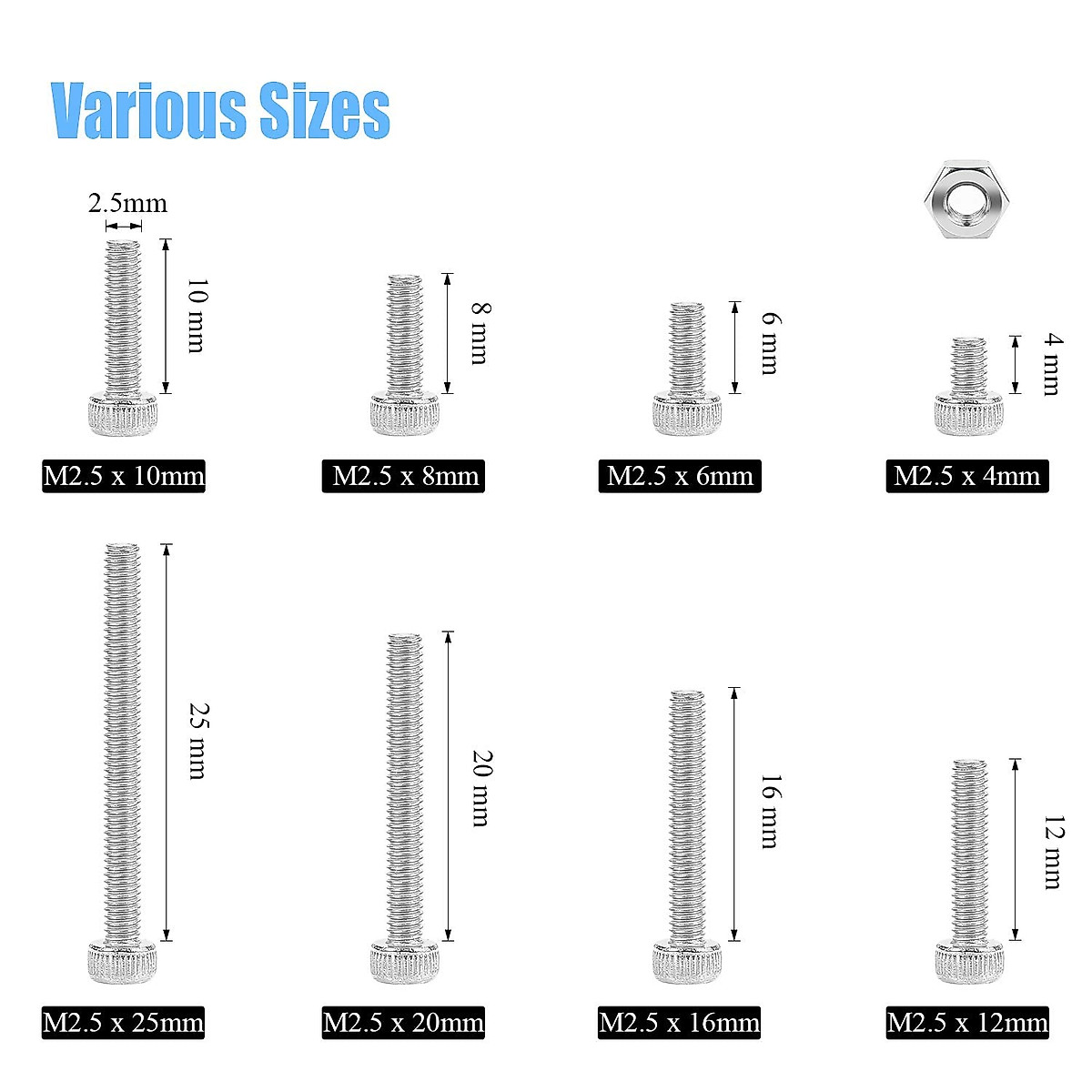 DYWISHKEY 360 Pieces M2.5 x 4mm/6mm/8mm/10mm/12mm/16mm/20mm/25mm, Stainless Steel 304 Hex Socket Head Cap Bolts Screws Washers Nuts Kit with Hex Wrench