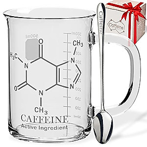 Caffeine Beaker Mug 17 oz (500ml) with Metal Spoon - Chemistry Mug - Borosilicate Glass Coffee Mugs with Handle and Measuring for Coffee/Latte/Tea - Caffeine Molecule Cup - Science Coffee Mug