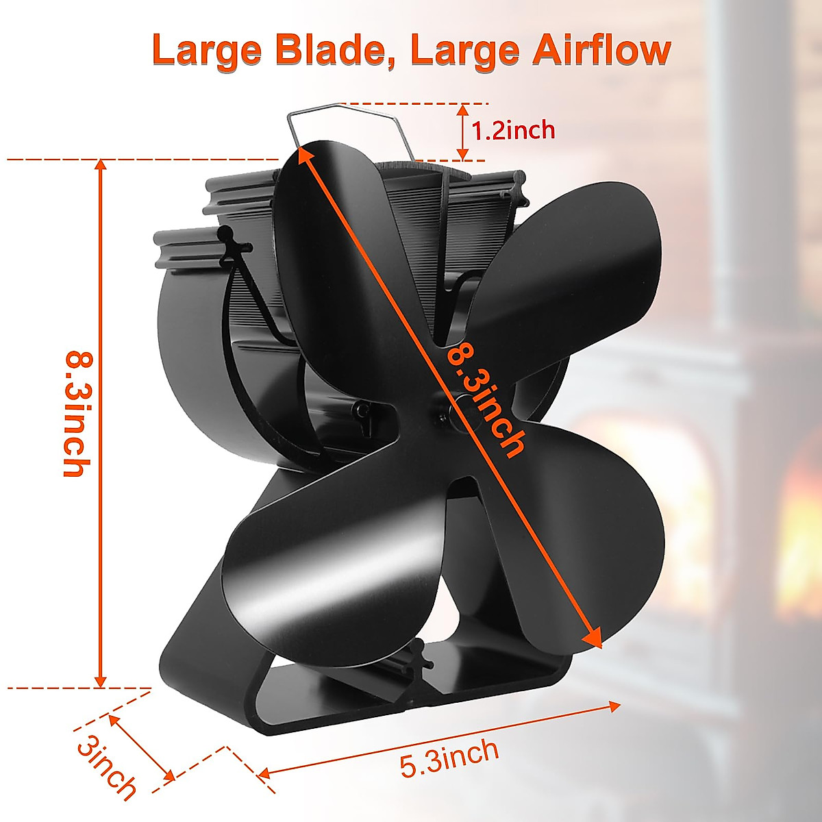 VODA 4-Blade Heat Powered Stove Fan for Wood / Log Burner/Fireplace increases 80% more warm air than 2 blade fan