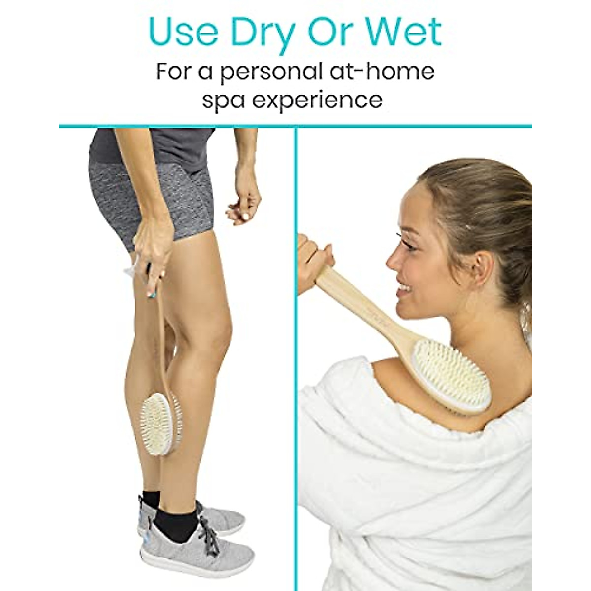 Vive Back Scrubber Brush for Shower - for Dry or Wet Body Brushing - Long Handle - Cleaning Lymphatic Drainage Handled Washer for Men, Women - Showering Bathing Exfoliator with Soft & Stiff Bristles