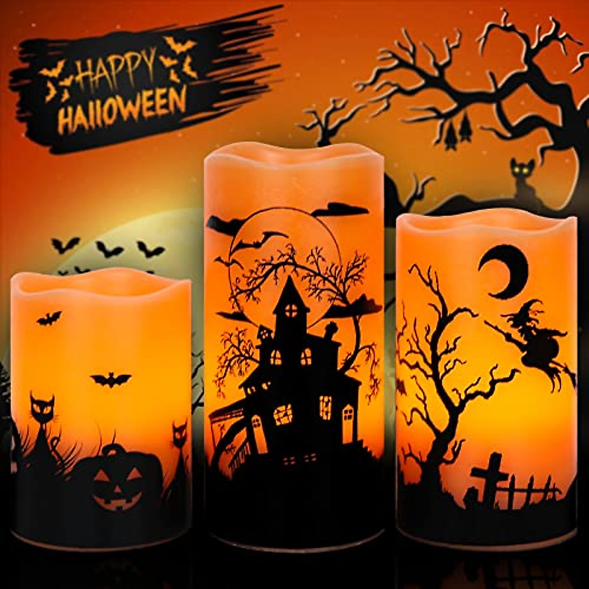 Wondise Halloween Flickering Flameless Candles with 6 Hour Timer, Battery Operated LED Real Wax Candles Set of 3 Halloween Home Decoration Gifts(3 x 4 5 6 Inch)