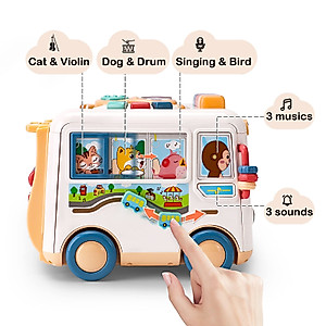 OWNONE 1 Baby Activity Cube Toy, Musical School Bus Toy for Toddlers 1-3, Learning Music Toy Birthday Gift for Baby Boys & Girls 1 2 3 Years Old