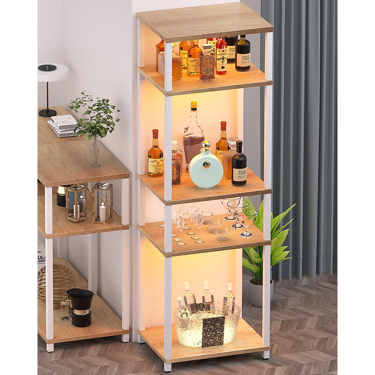 WOODYNLUX Nightstands Set of 2, 3-Tier Side Table, End Table with Shelves, Tall Bedside Tables, 5-Tier Shelf Bookcase, Nightstand Accent Table for Living Room, Bedroom, Beech.