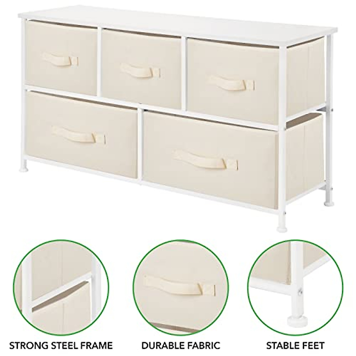 mDesign 21.65" High Steel Frame/Wood Top Storage Dresser Furniture Unit with 5 Removable Fabric Drawers - Wide Bureau Organizer for Bedroom, Living Room, Closet - Jane Collection, Cream/White