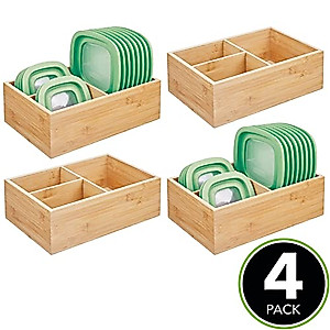mDesign Bamboo Kitchen Pantry Cabinet Organizer Storage Box, 3 Divided Sections, Holds Plastic and Glassware Lids for Leftovers, Snacks, Condiments, and Sauce, Echo Collection, 4 Pack, Natural/Tan