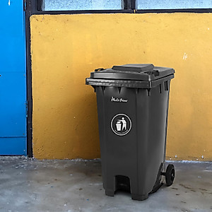 PLASTIC PRINCE 65 Gallon Step-On Rollout Trash Can with Lid, Commercial Heavy-Duty Container with Wheels, Gray